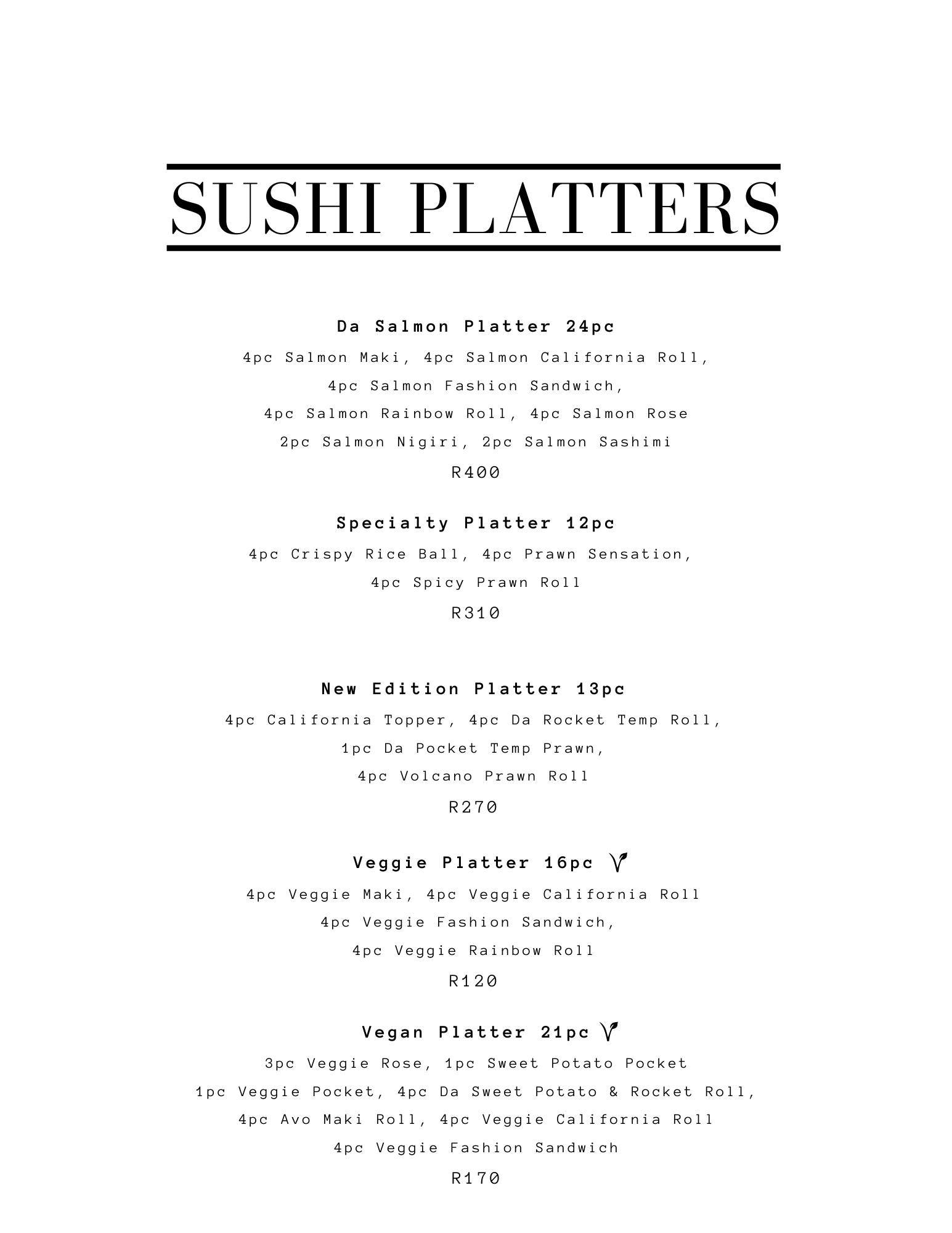 Menu at Da Sushi House restaurant, Tzaneen