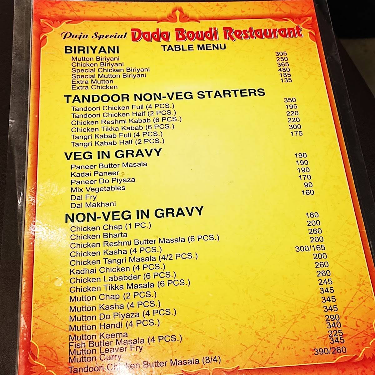 Menu at Dada Boudi Hotel, Barrackpore, 1