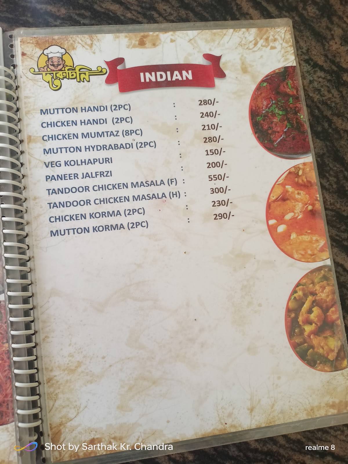 Menu at Daruchini, Berhampore