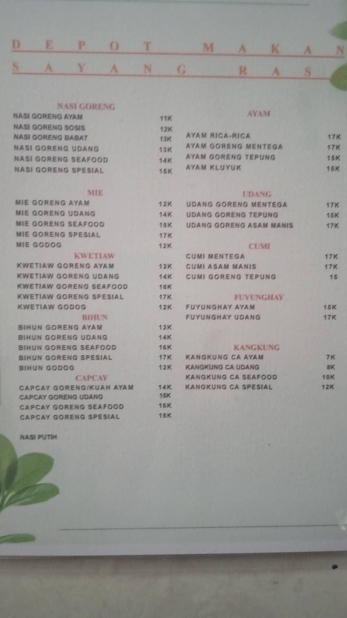 Menu at Depot Makan Sayang Rasa restaurant, Indonesia