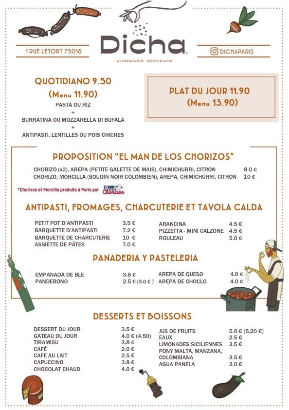 Menu at Dicha restaurant, Paris