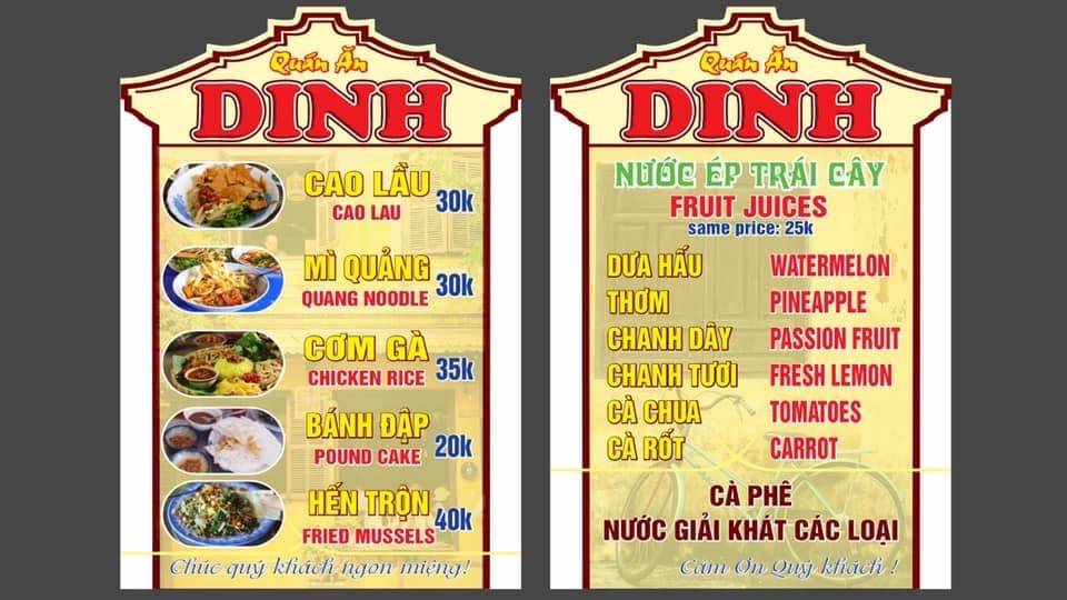 Menu at Dinh Quán - Cao Lầu-Cơm Gà-Mì Quảng restaurant, Hoi An