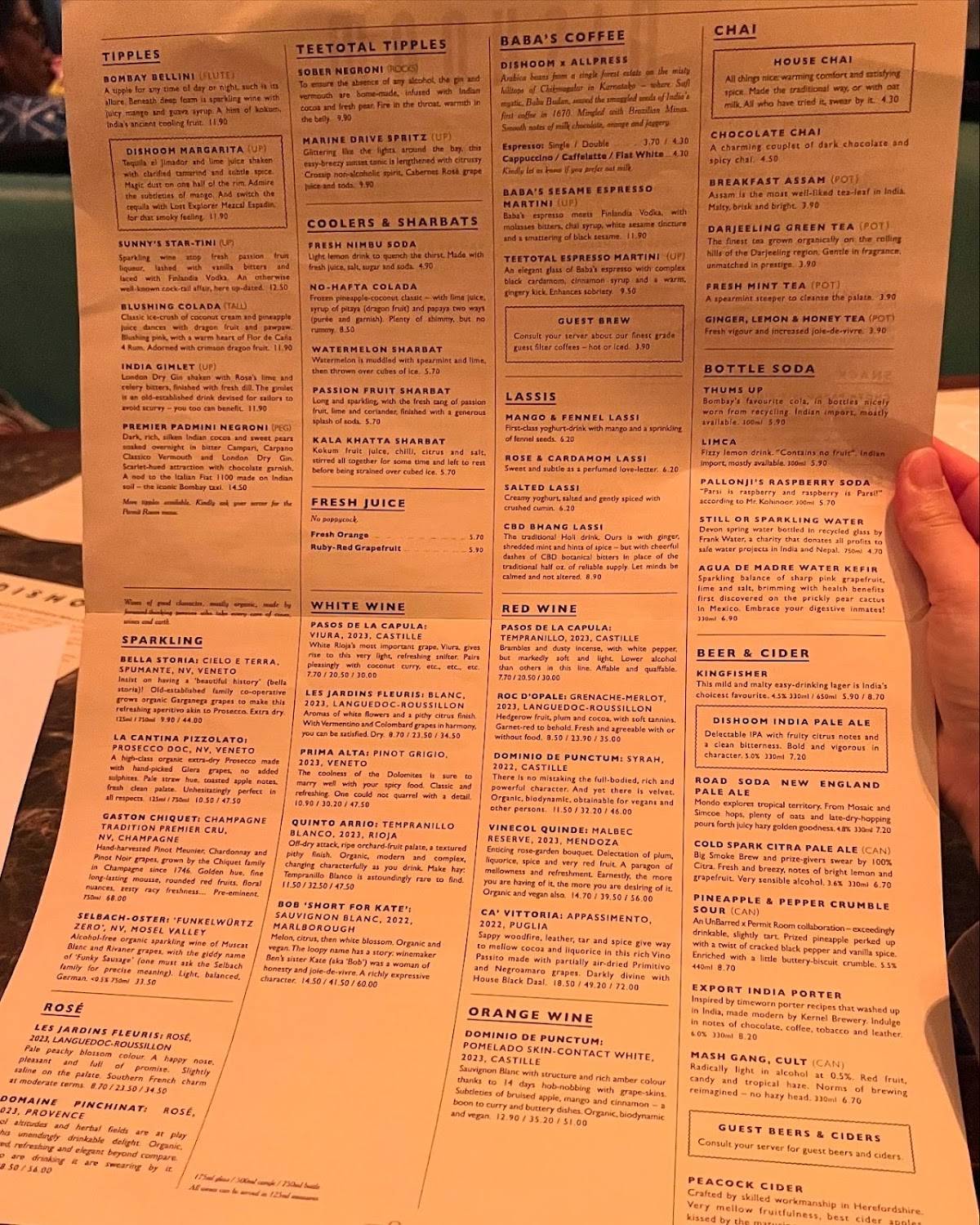 Menu at Dishoom Kensington restaurant, London, 4 Derry St