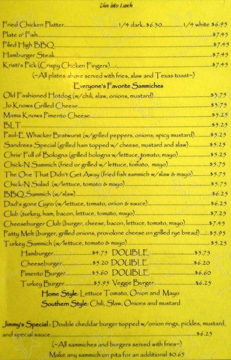Menu at The Dive N restaurant, Pineville