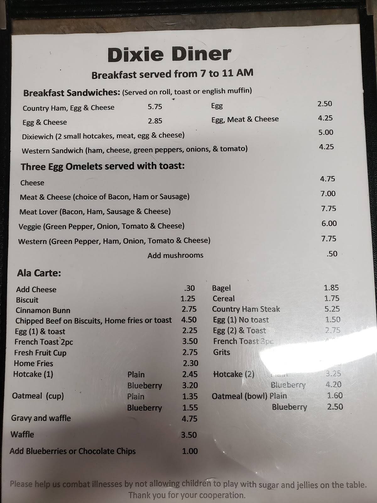 Menu at Dixie Diner restaurant, Smithsburg