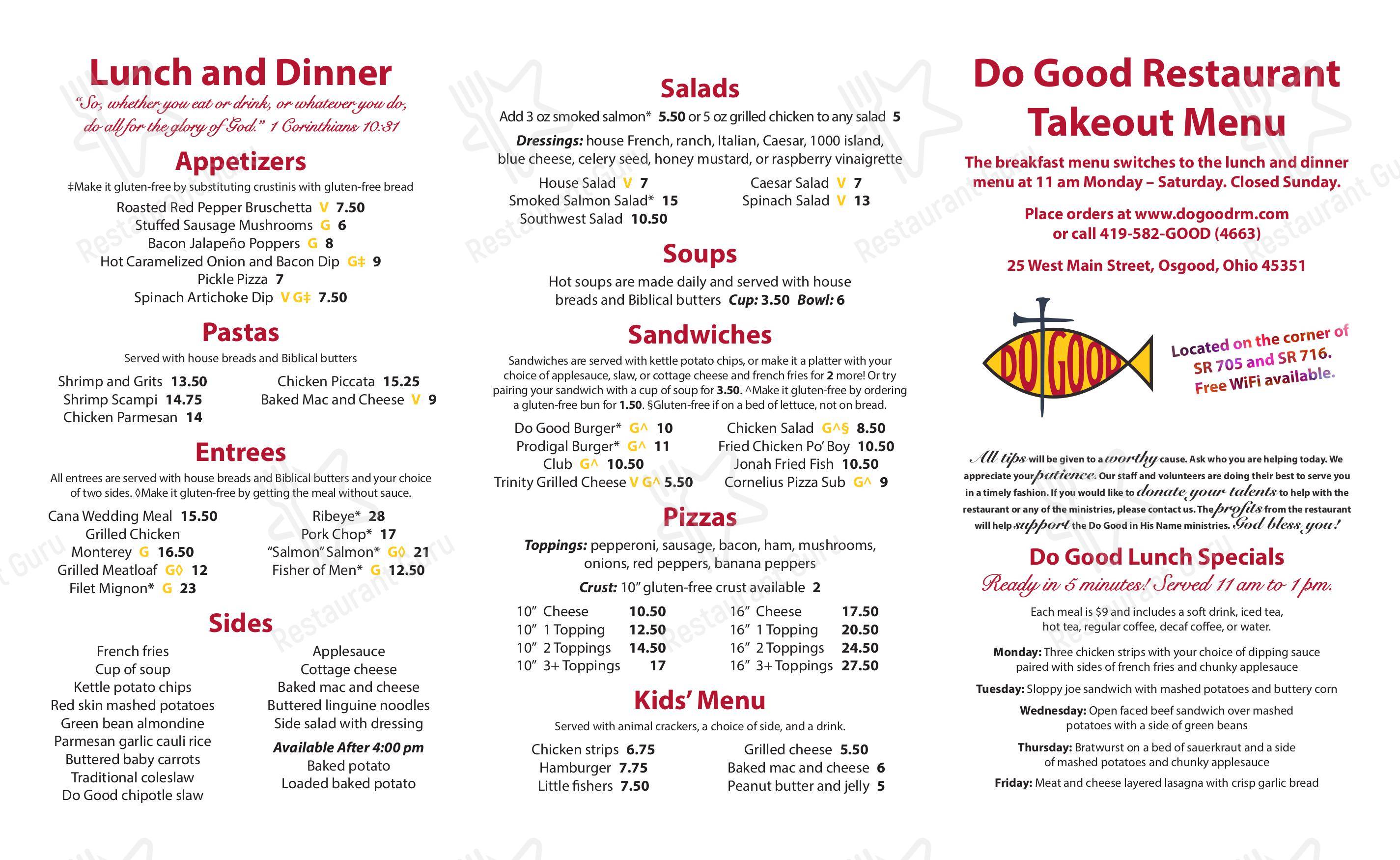 Menu at Do Good Restaurant and Ministry, Osgood, 25 Main St