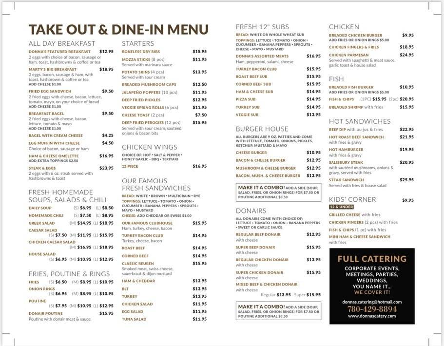 Menu at Donna's Eatery restaurant, Edmonton, 115 Ave NW