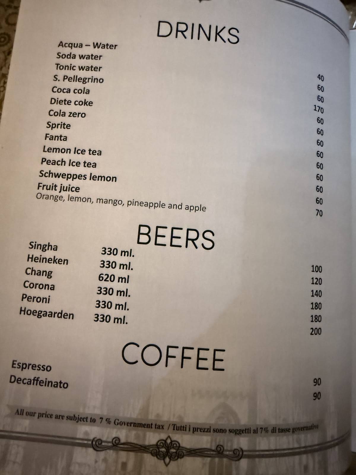 Menu at Duomo restaurant, Ko Samui
