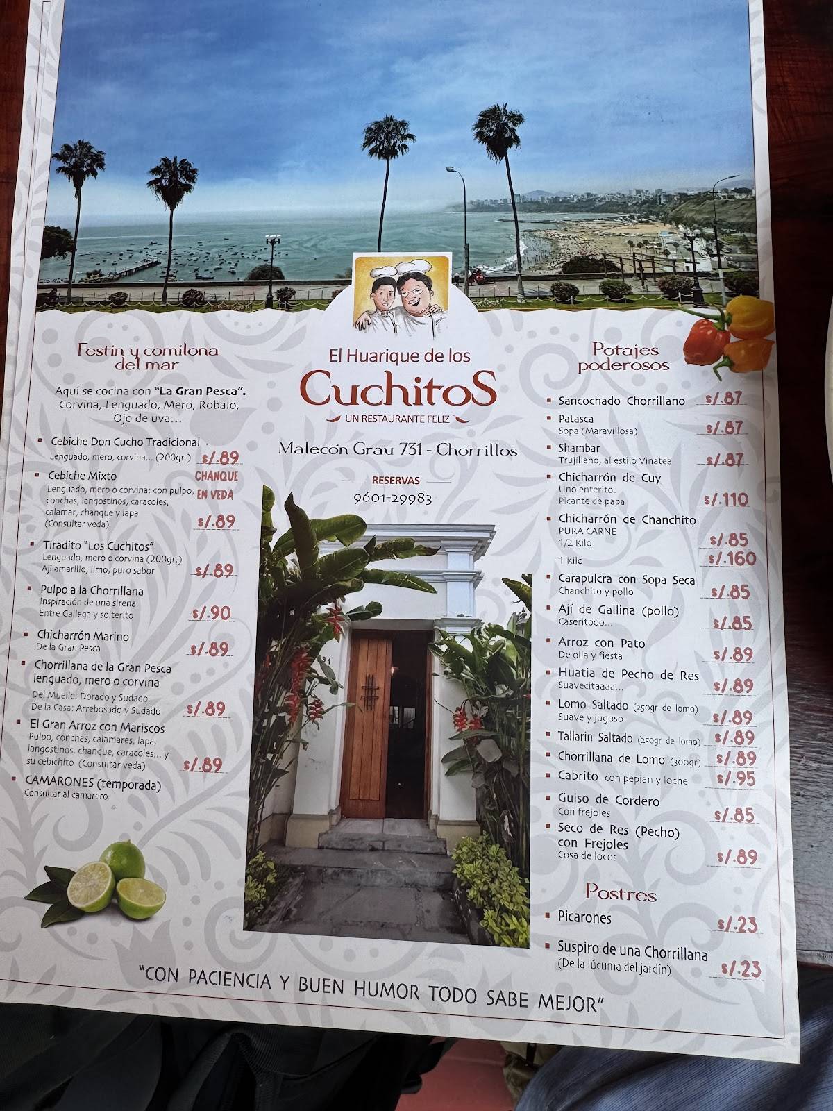 Carta del restaurante EL HUARIQUE DE LOS CUCHITOS, Distrito del Chorrillos