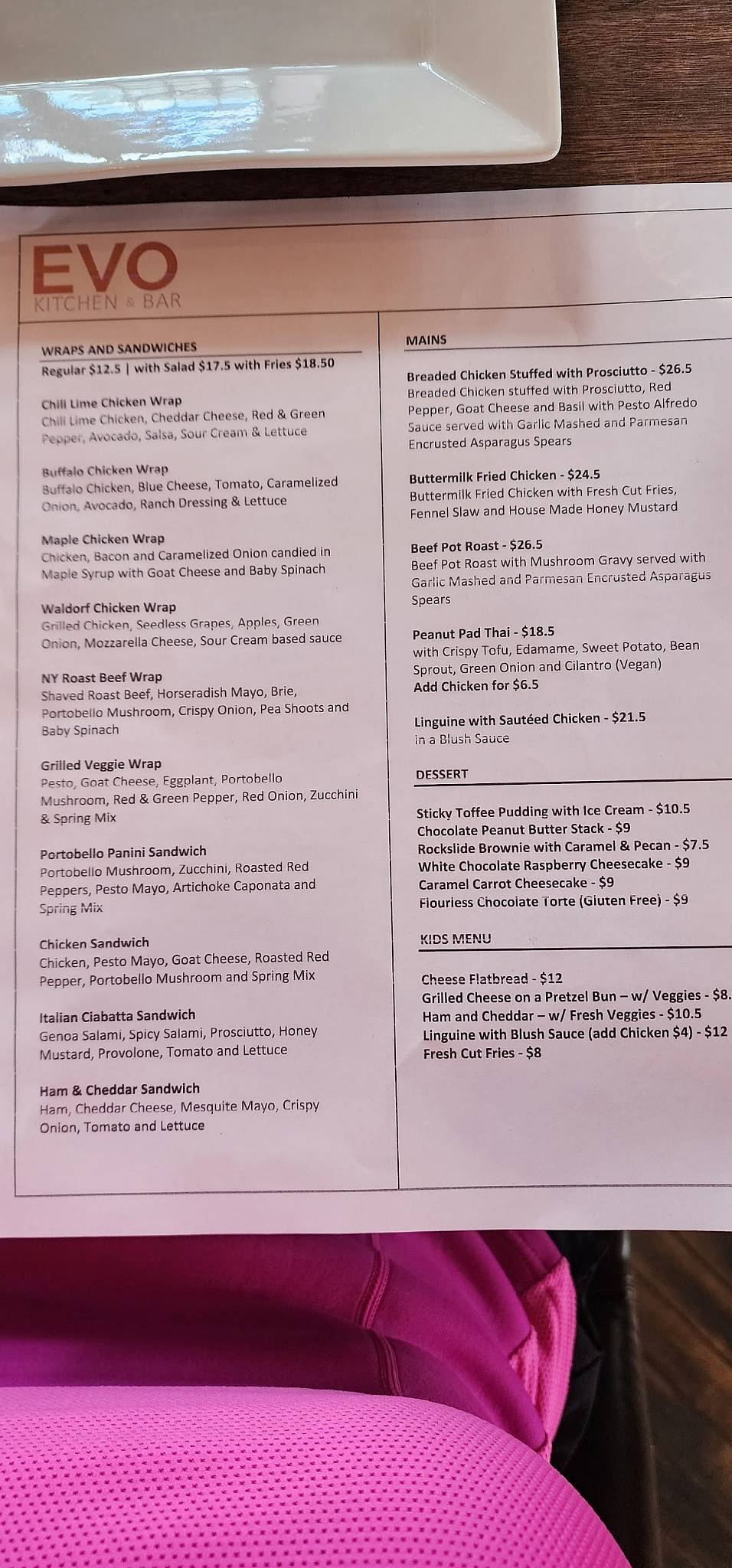 Menu at EVO restaurant, Cambridge