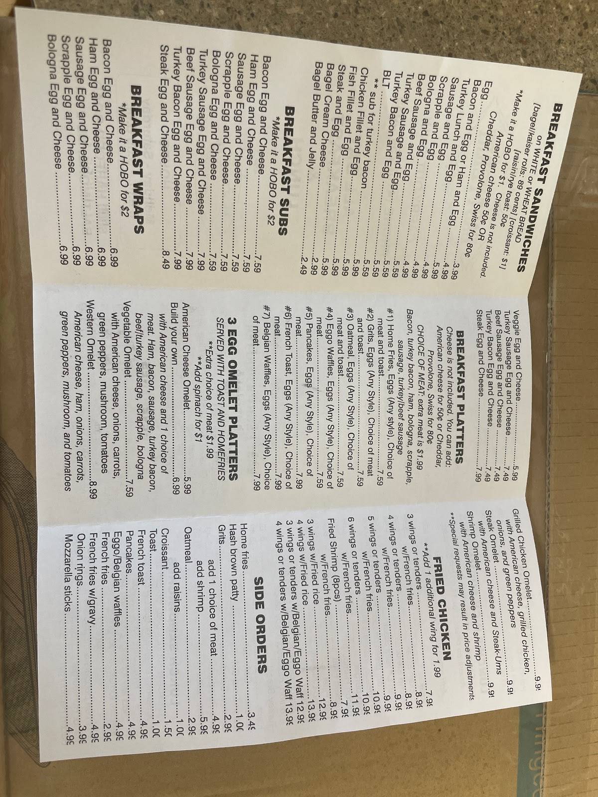 Menu at East Perry restaurant, Baltimore