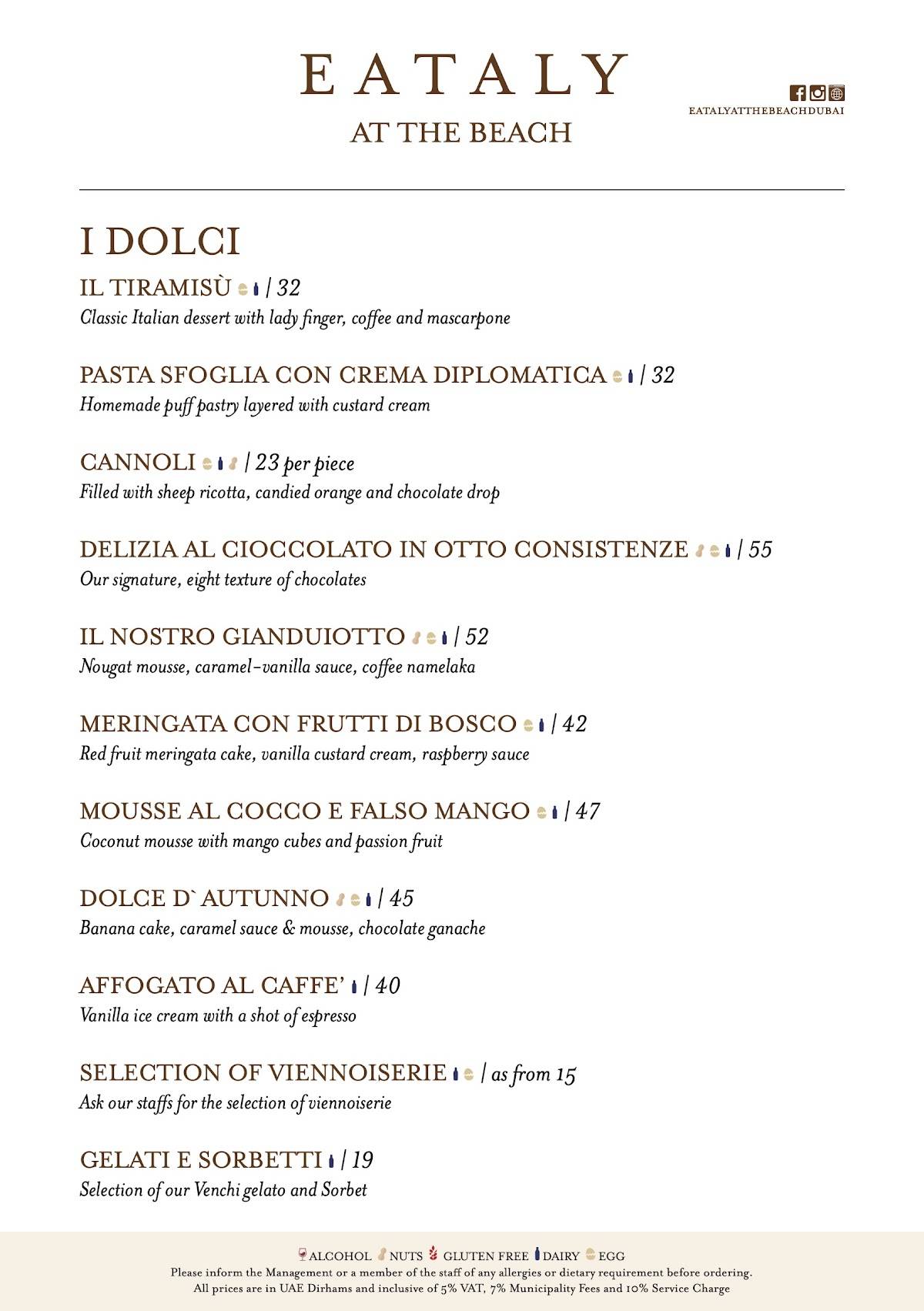 Carta del restaurante Eataly at The Beach Dubai, Dubai