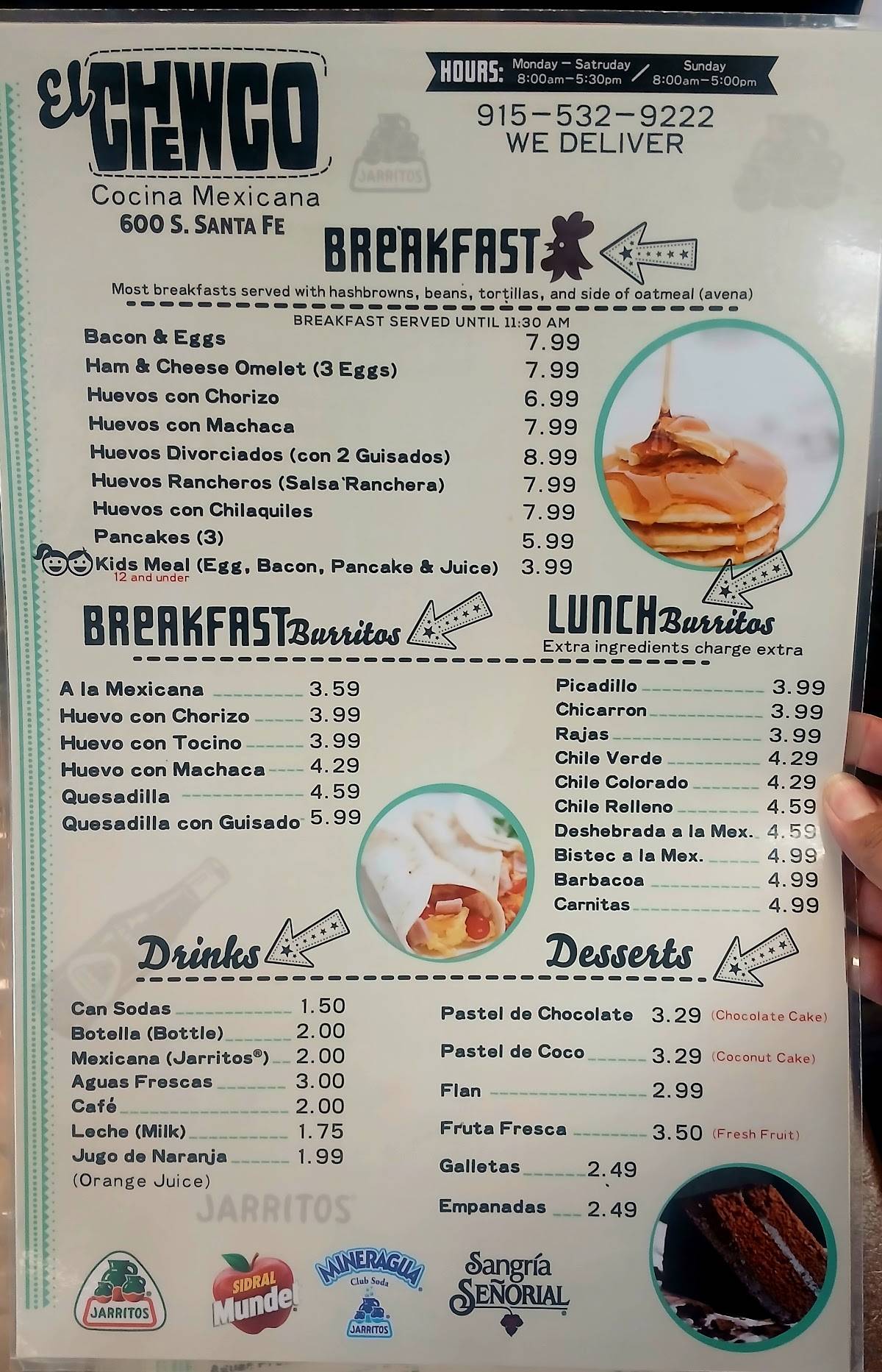 Carta del restaurante El Chewco, El Paso