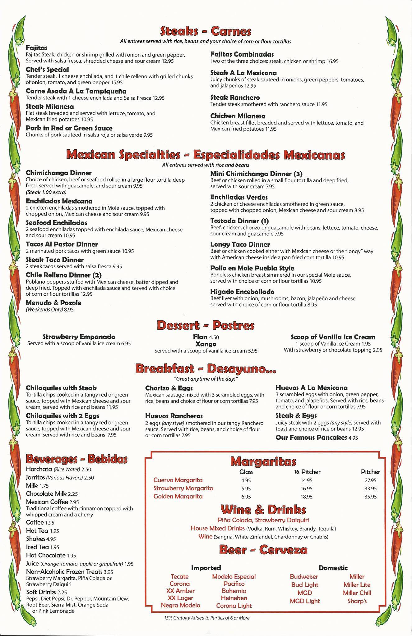 Menu at El Lago restaurant, Zion