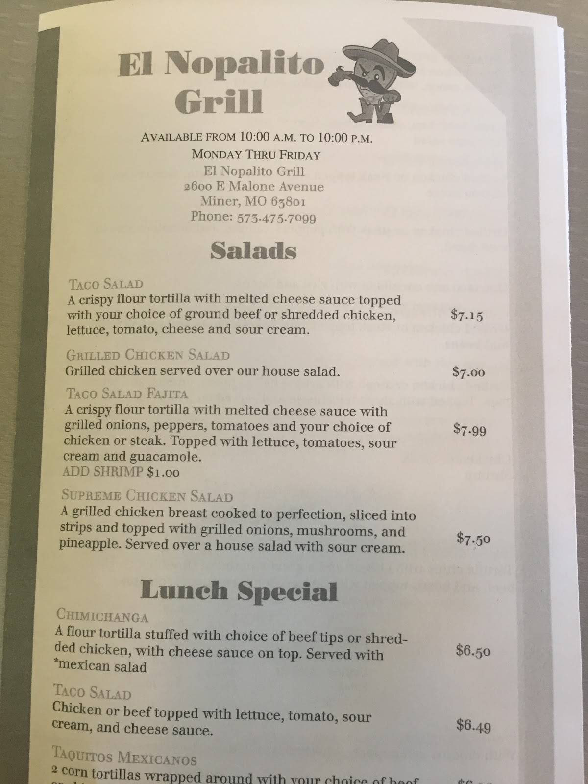 Menu at El Nopalito Grill restaurant, Miner