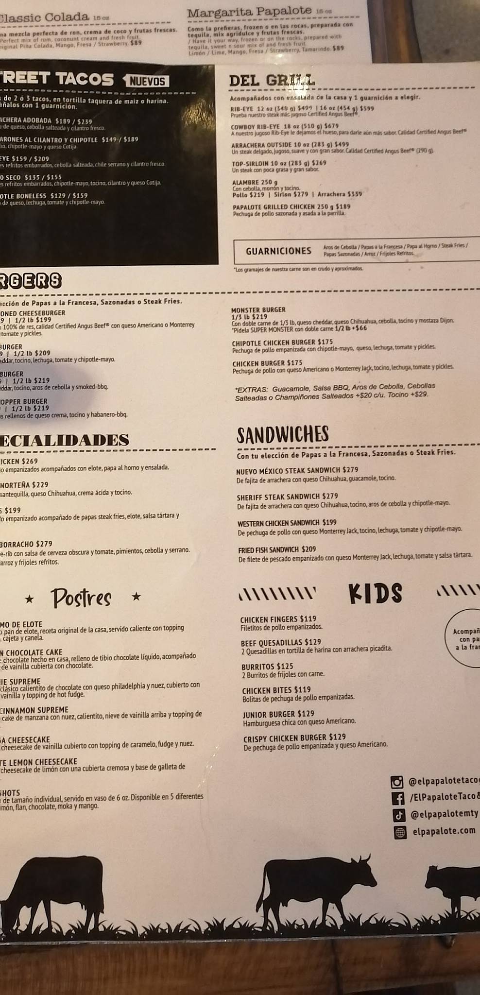 Carta del restaurante El Papalote Taco & Grill, Saltillo, Av. La Salle 3040