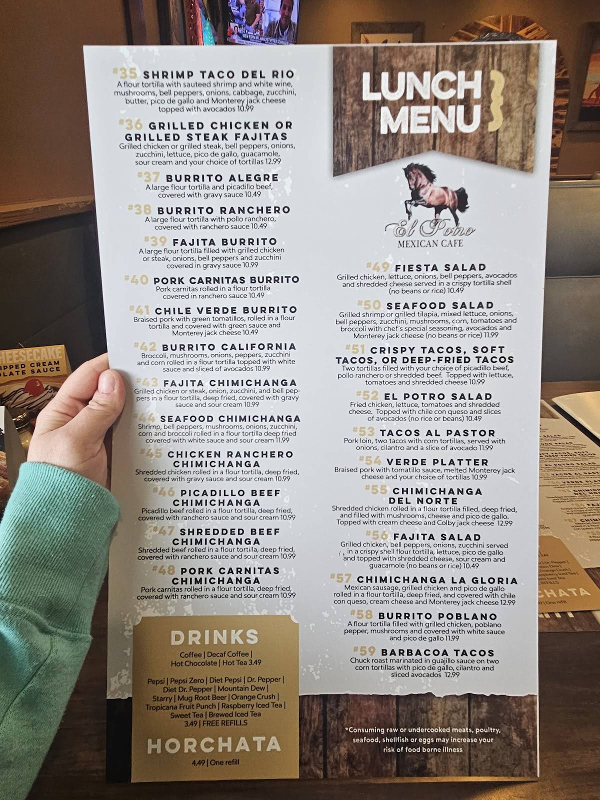 Menu at El Potro Mexican restaurant, Liberty