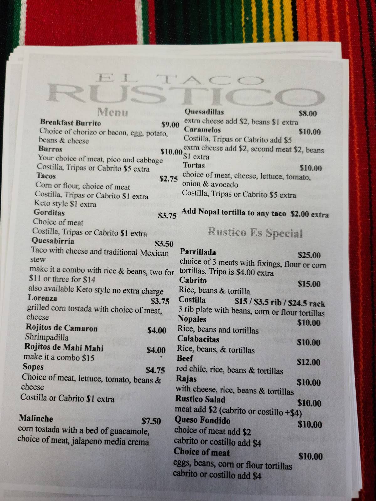 Menu at El Taco Rustico restaurant, Tucson, N Oracle Rd