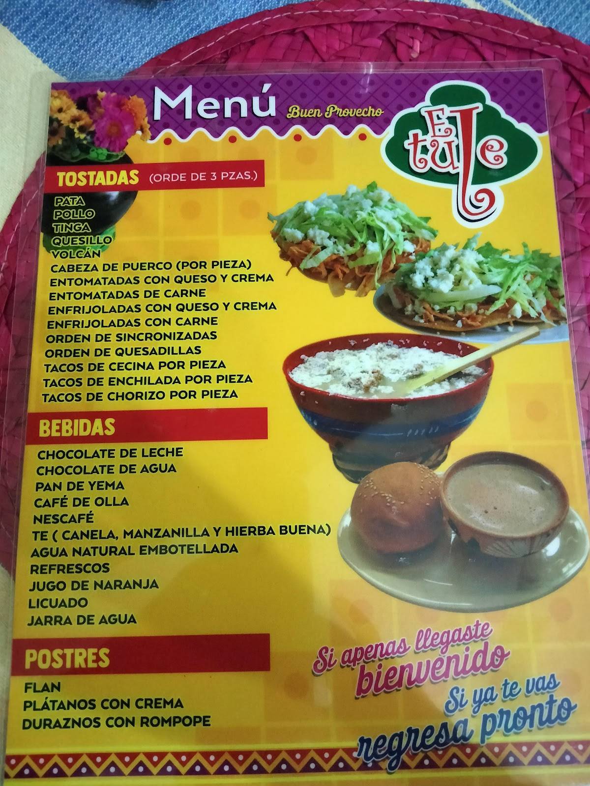 Carta del restaurante El Tule, Tehuacán