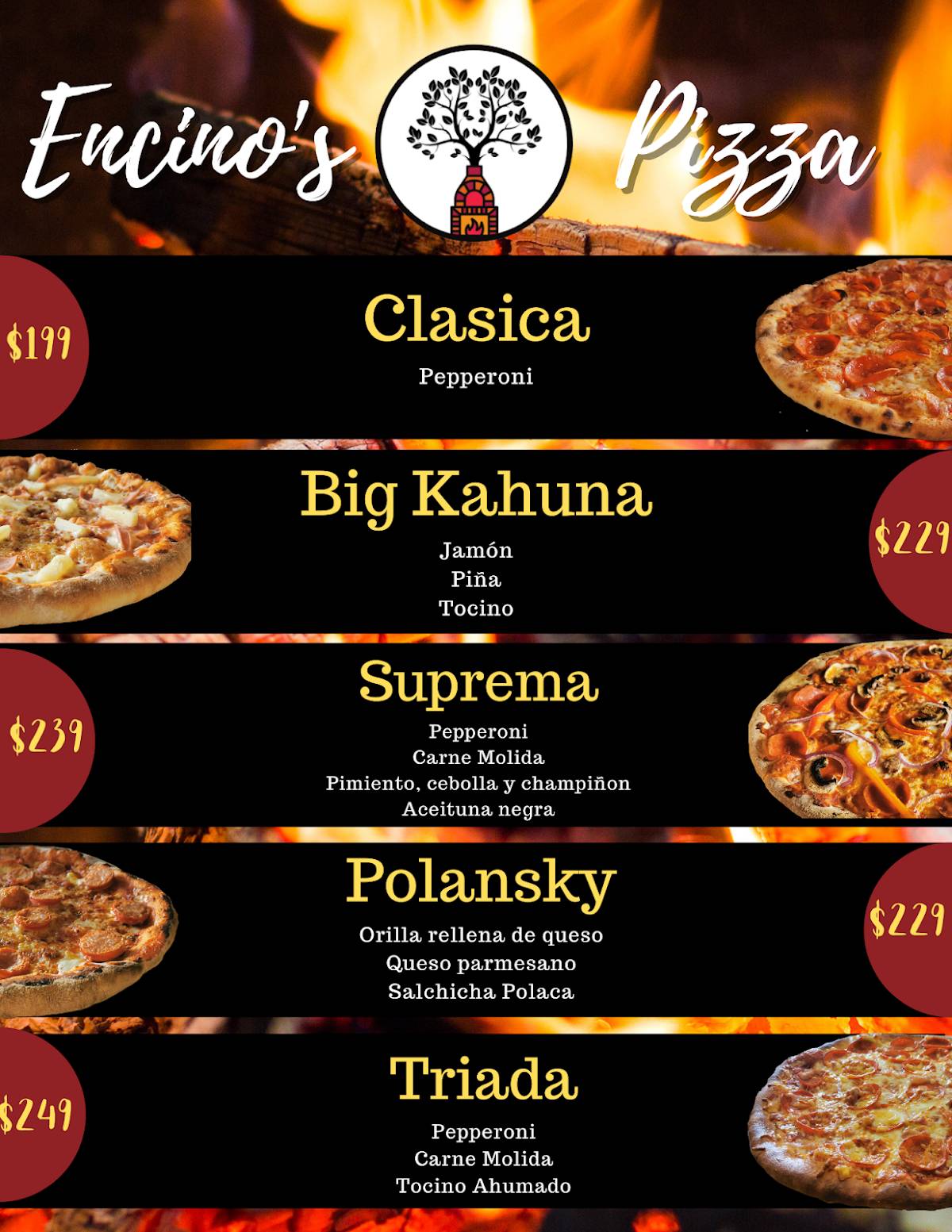 Carta de pizzería Encino's pizza, Reynosa