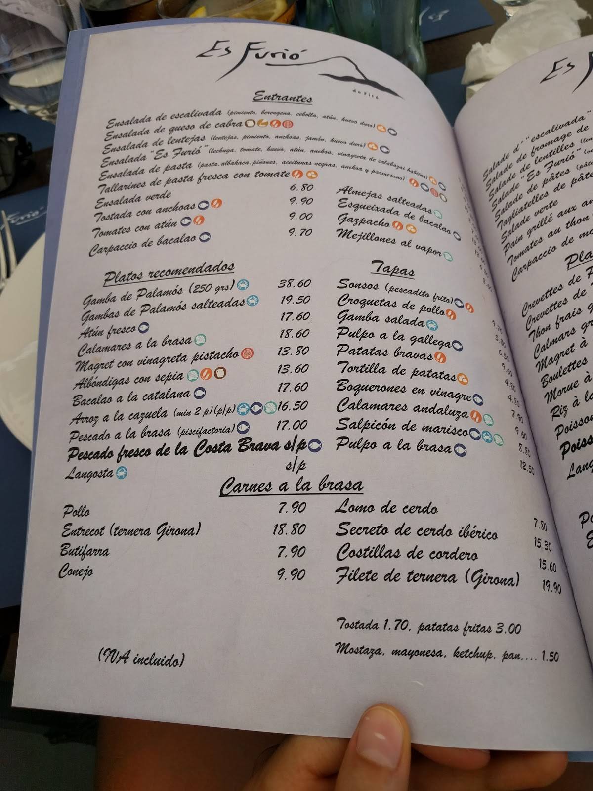 Carta de Restaurant Es Furió, Sa Tuna, Passeig de l'Àncora