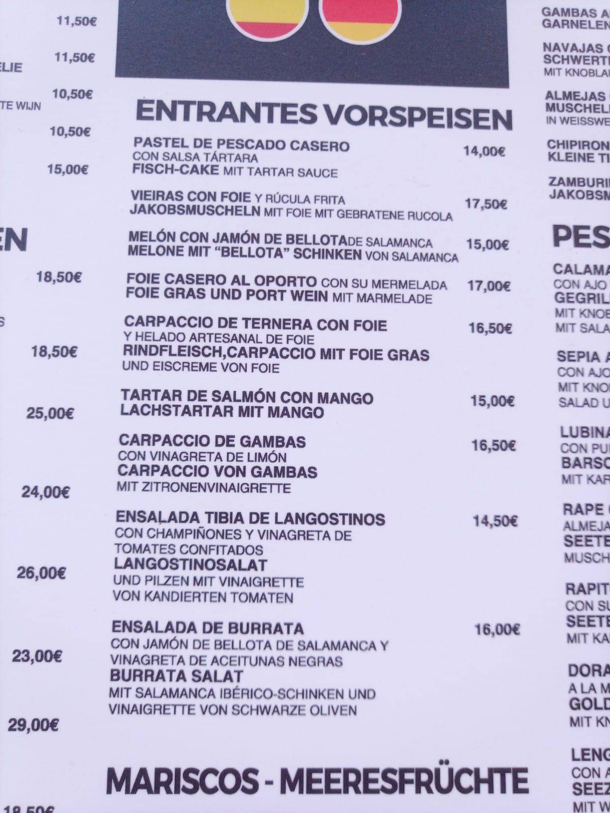 Carta del restaurante Escala Park, La Escala