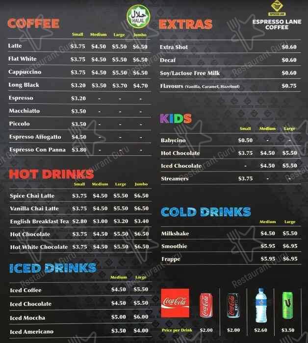Menu at Espresso Lane cafe, Hoppers Crossing