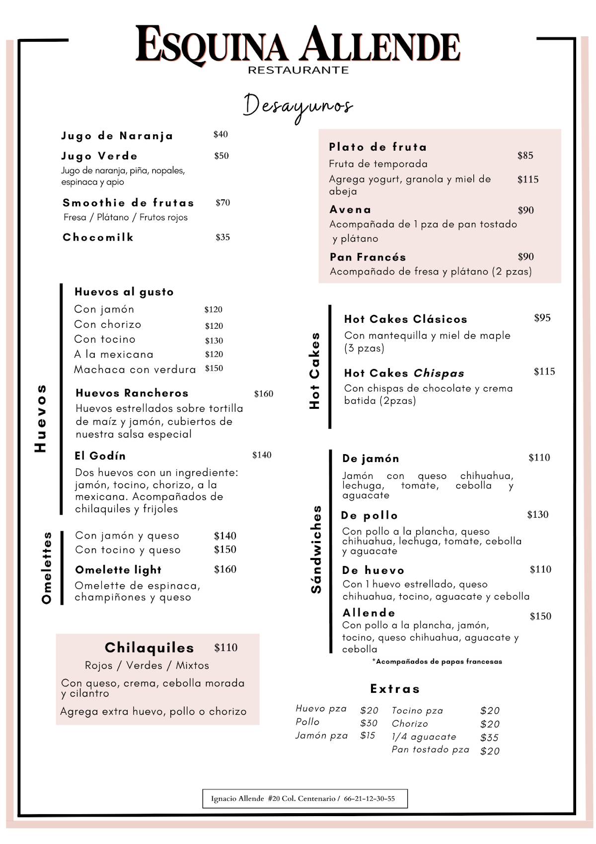 Carta del restaurante Esquina Allende, Hermosillo