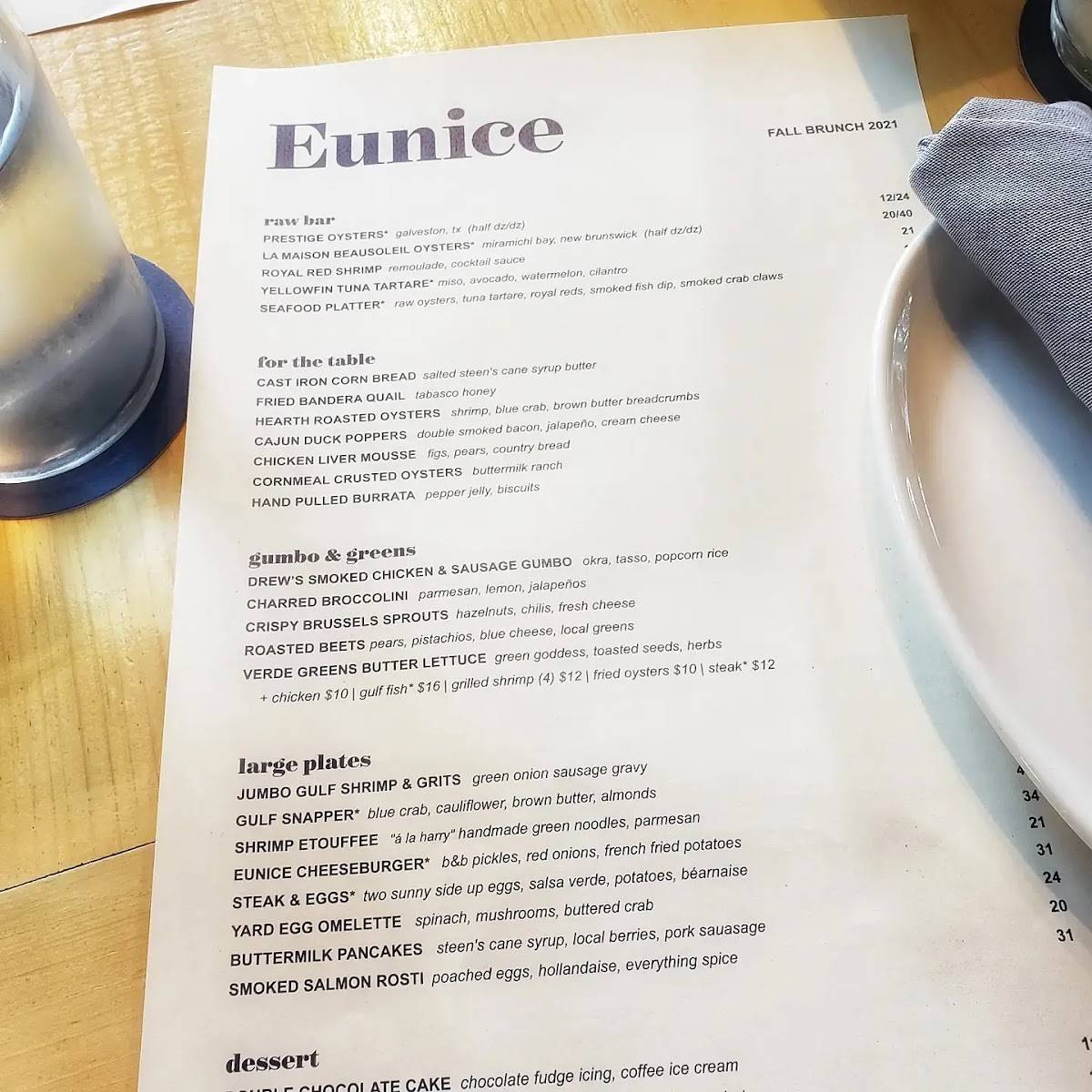 Menu at Eunice restaurant, Houston