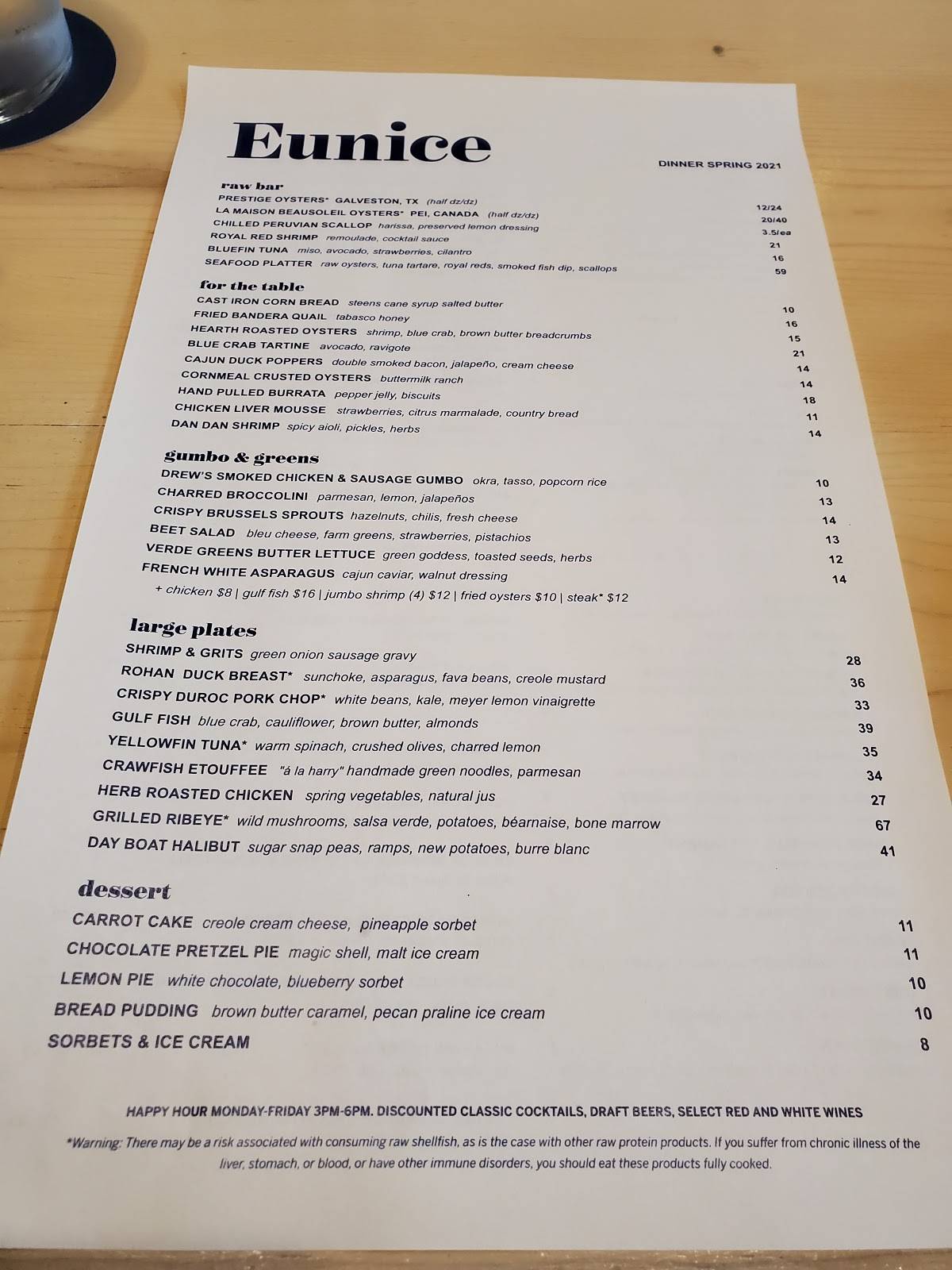Menu at Eunice restaurant, Houston