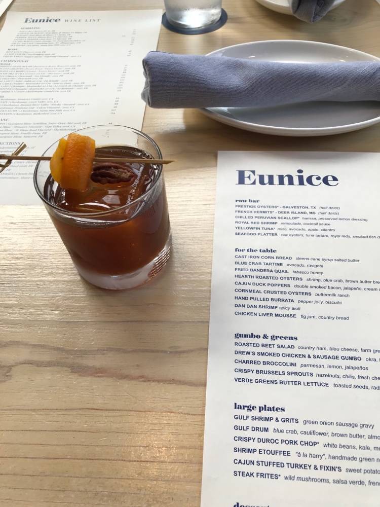 Menu at Eunice restaurant, Houston