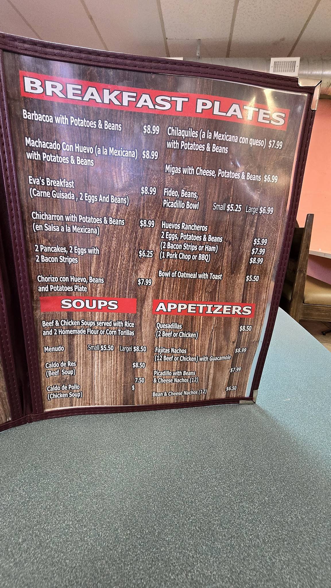 Menu at Eva's Cafe, San Antonio, 217 W Mitchell St