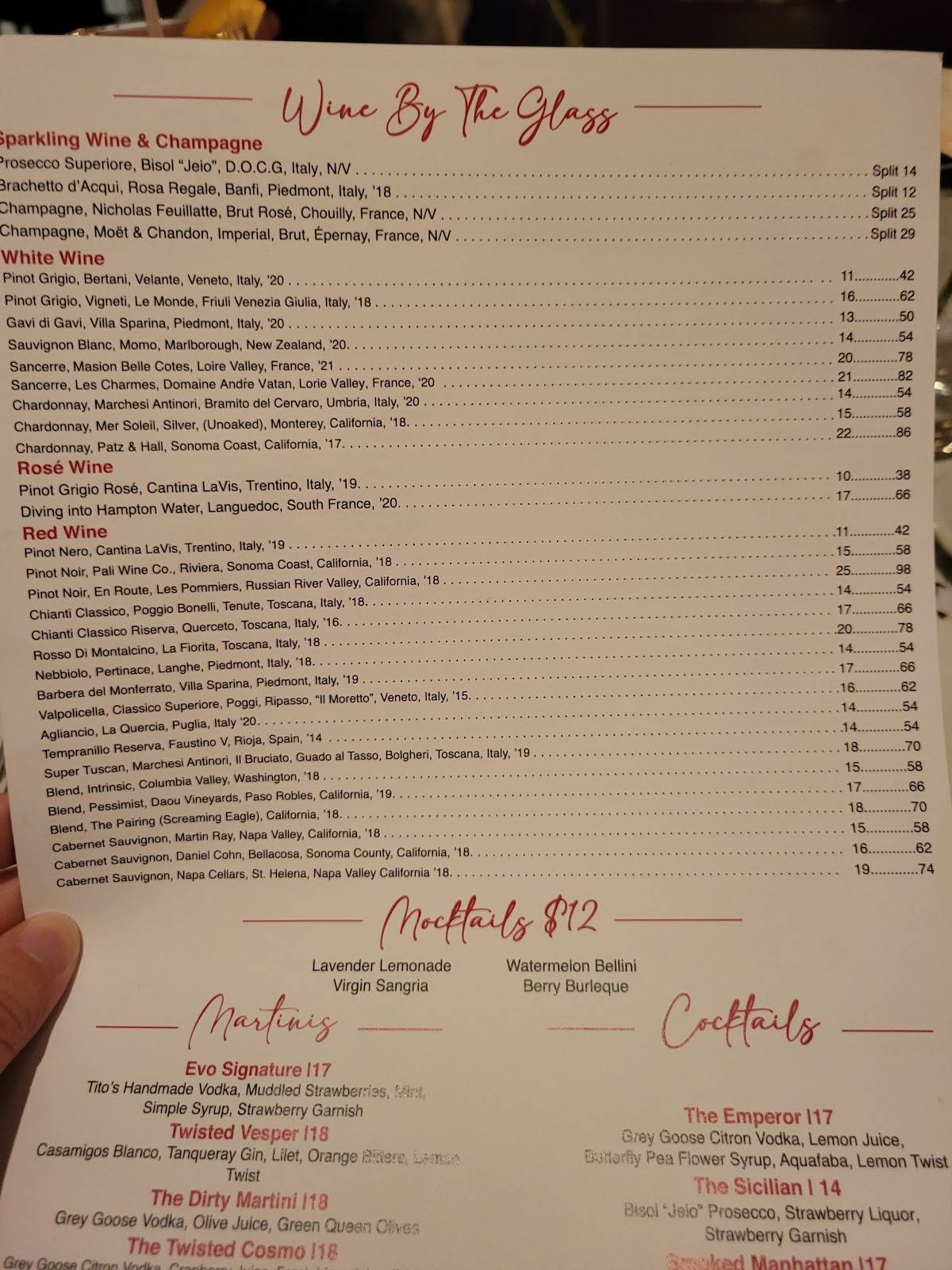 Menu at Evo Italian restaurant, Tequesta