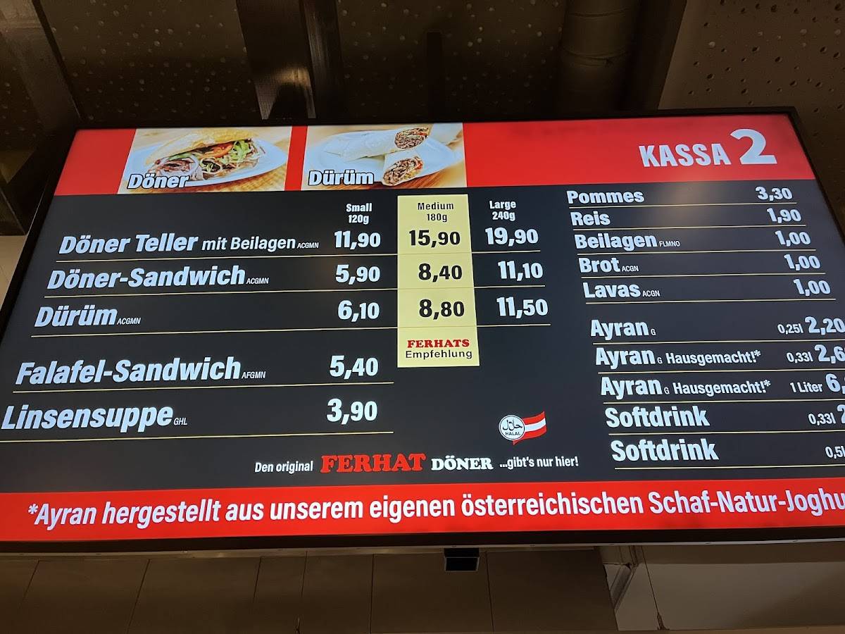 Speisekarte von FERHAT DÖNER restaurant, Wien, Favoritenstraße 94
