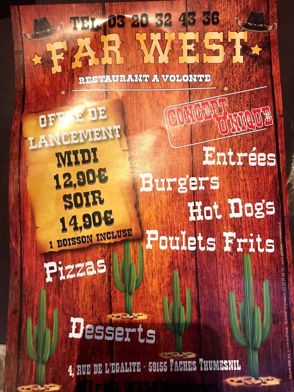 Menu au Far West restaurant, Faches-Thumesnil