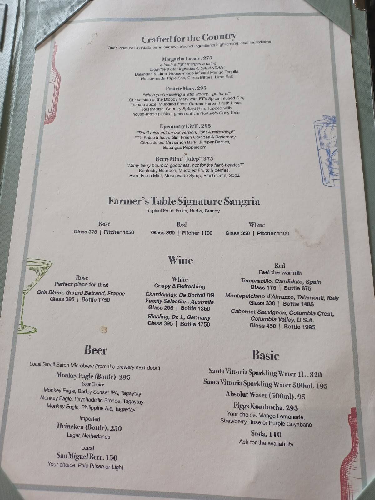Menu at Farmer’s Table Tagaytay restaurant, Tagaytay