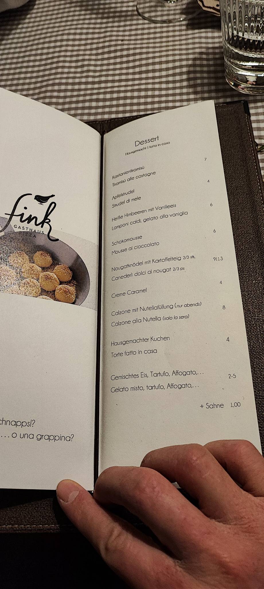Menu at Fink Gasthaus. restaurant, Bolzano
