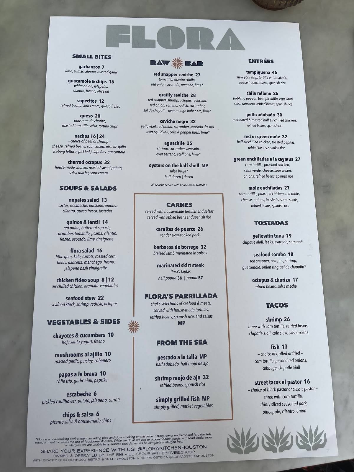 Menu at Flora restaurant, Houston