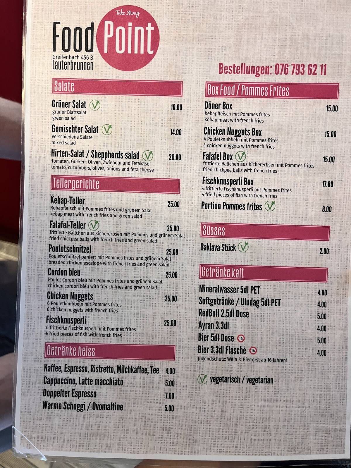 Menu at Food Point Kebap Lauterbrunnen, Lauterbrunnen