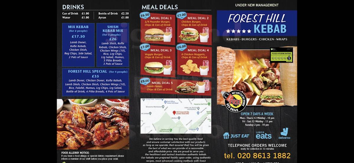 Menu at Forest Hill Kebab restaurant, London, 102 Forest Hill Rd