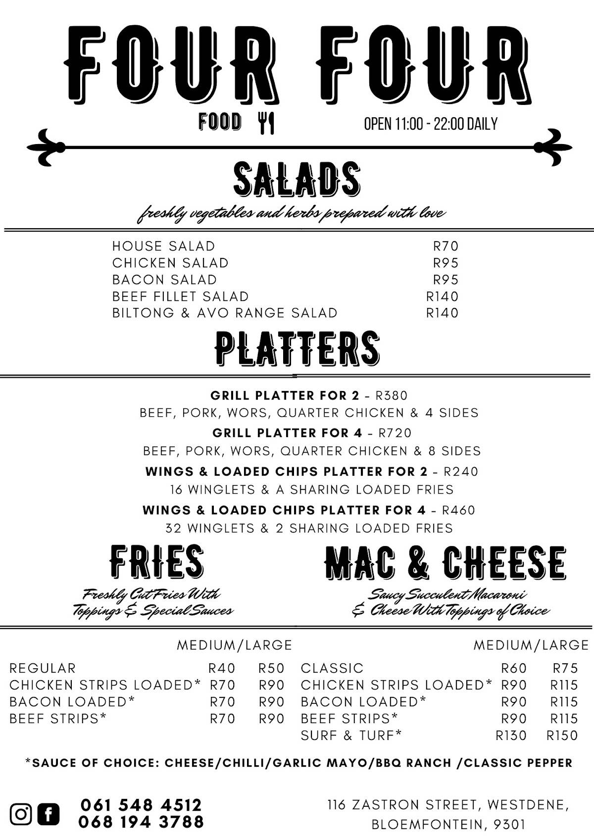 Menu at Four Four Bar & Restaurant, Bloemfontein