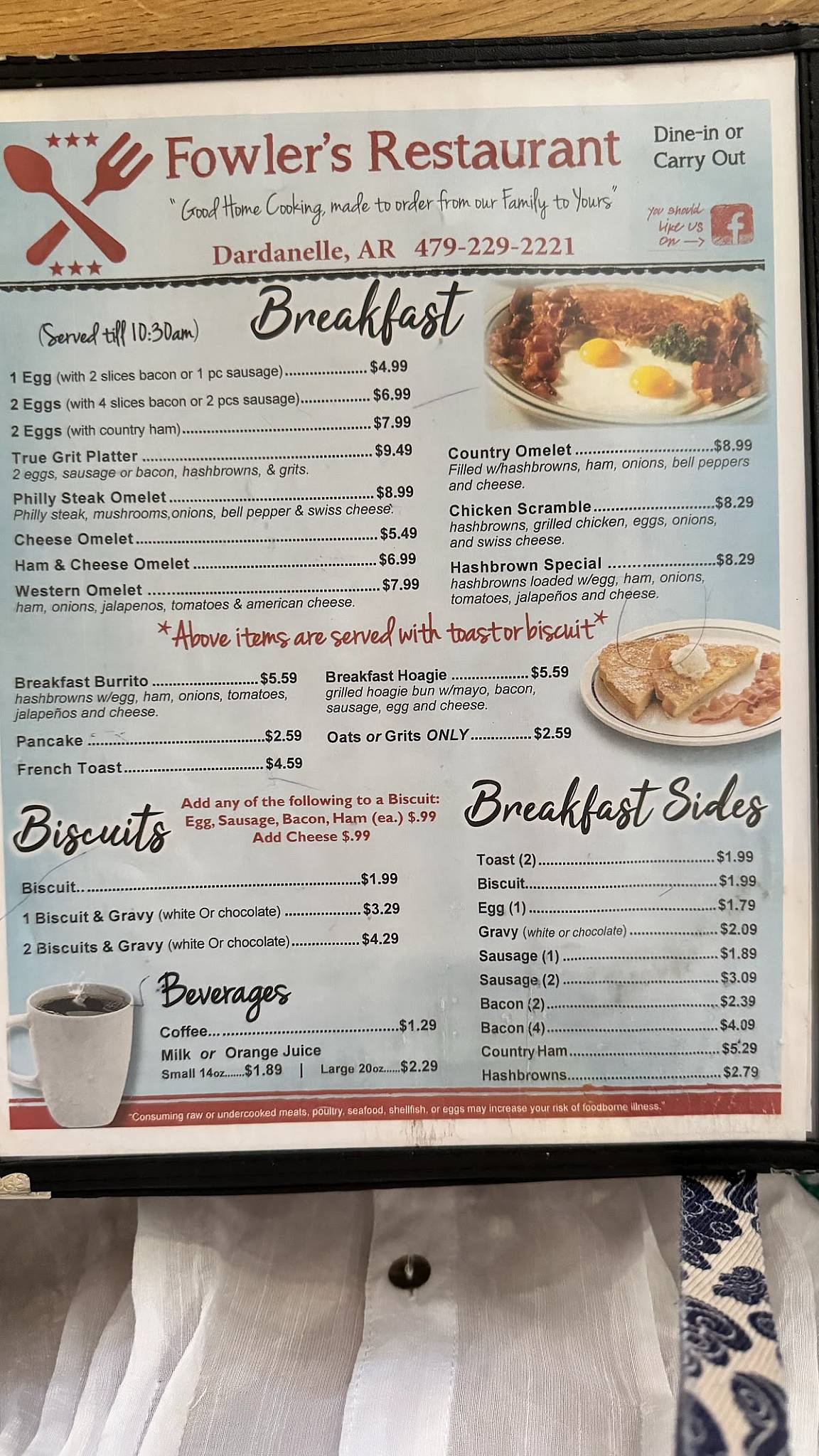 Menu at Fowlers Restaurant, Dardanelle