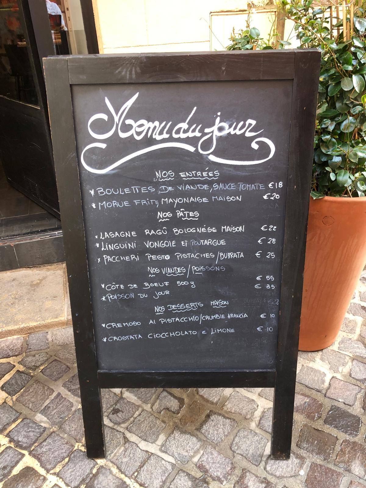 Menu at Francesca restaurant, Cassis