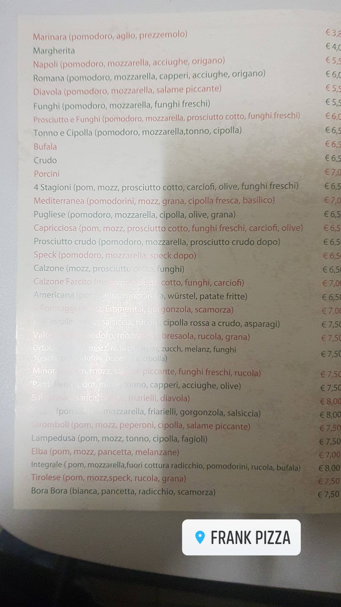 Menu at Frank Pizza restaurant, Cesena