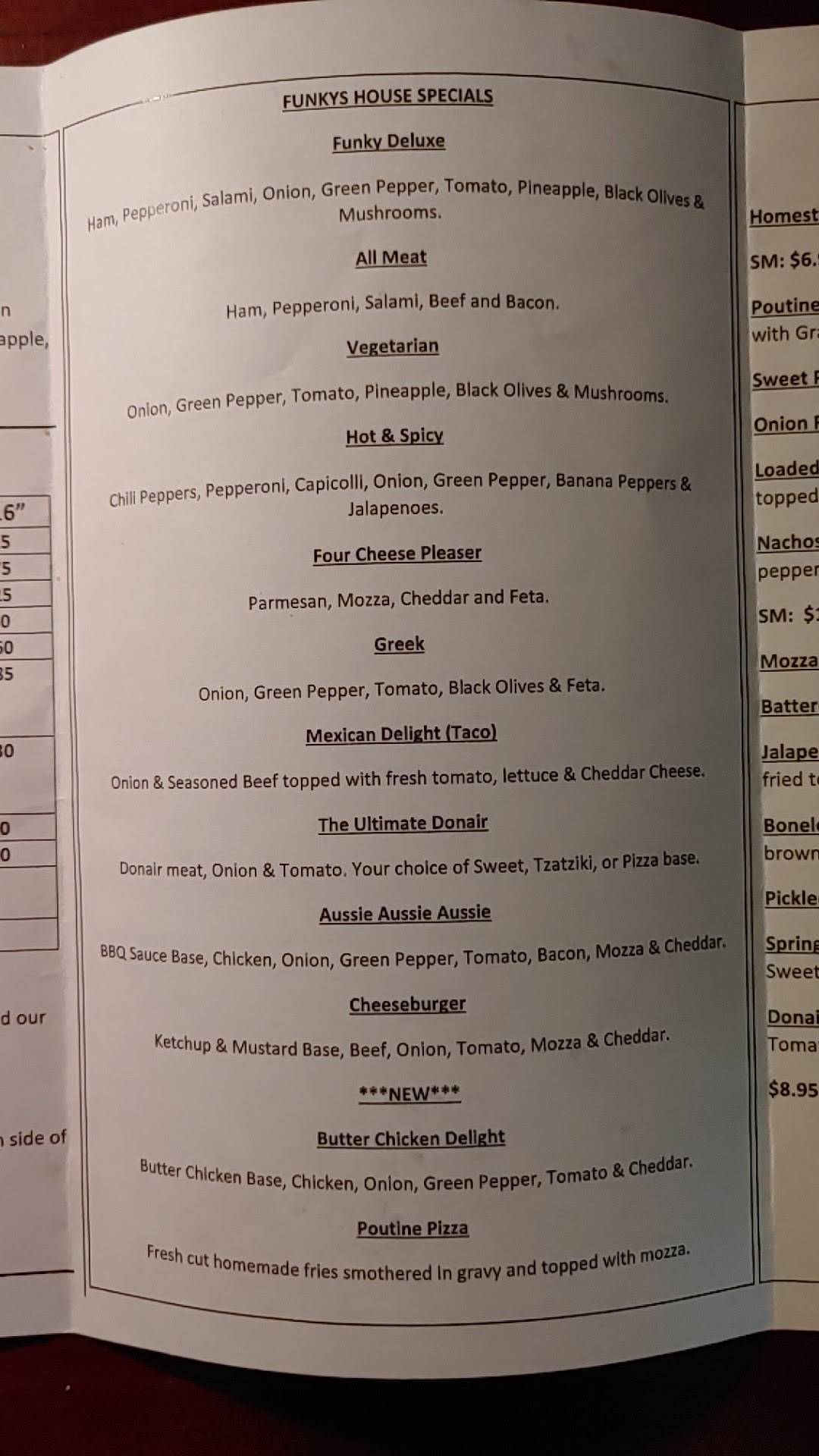 Menu at Funky Pizza restaurant, Sparwood