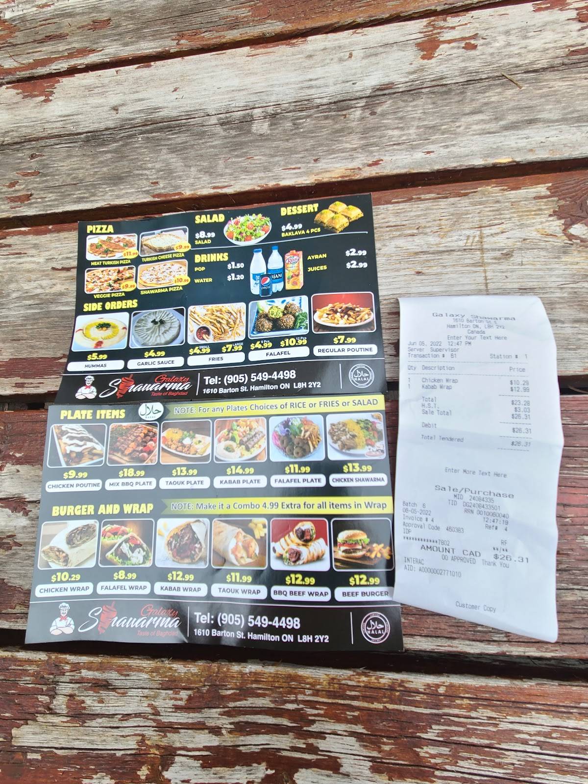 Carta del restaurante Galaxy shawarma, Hamilton