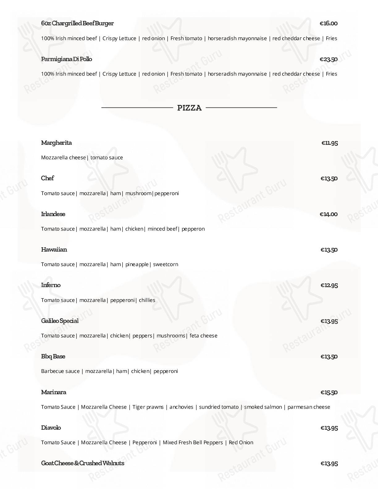 Menu at Galileo Restaurant Luigis Family Diner, Edenderry