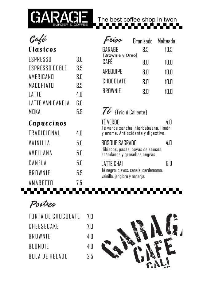 Menu at Garage Cafe Cali, Cali, Av. 9A #16N-42