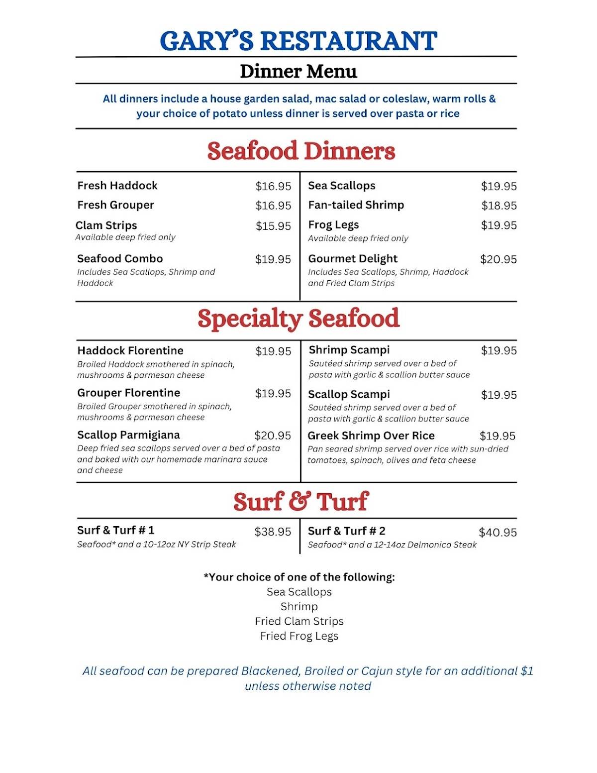 Menu at Gary's Restaurant, Sylvan Beach