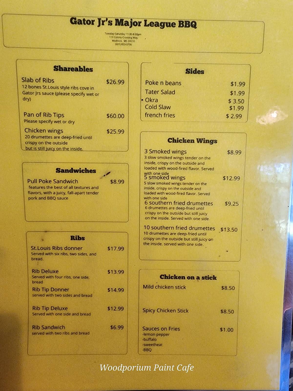Menu at Gator Jr's Major League BBQ, Jackson, 119 Colony Crossing Way #860
